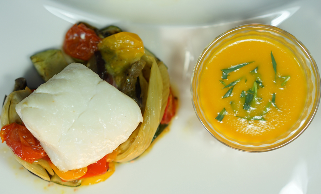 Cod with Mediterranean Vegetables & Yellow Pepper Sauce – Chef Kevin Ashton